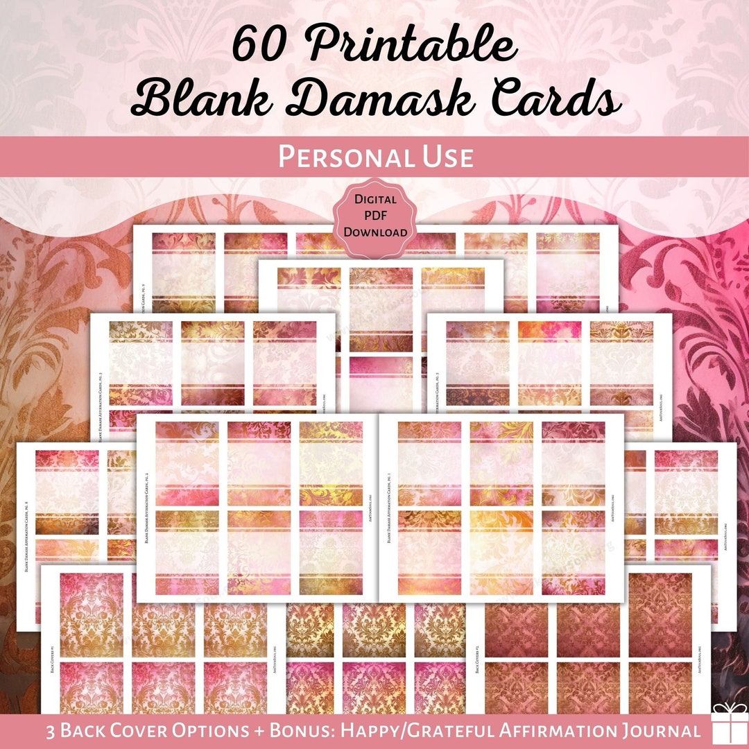 PRINTABLE Blank Damask Cards PDF Digital Pink Affirmation Cards and ...