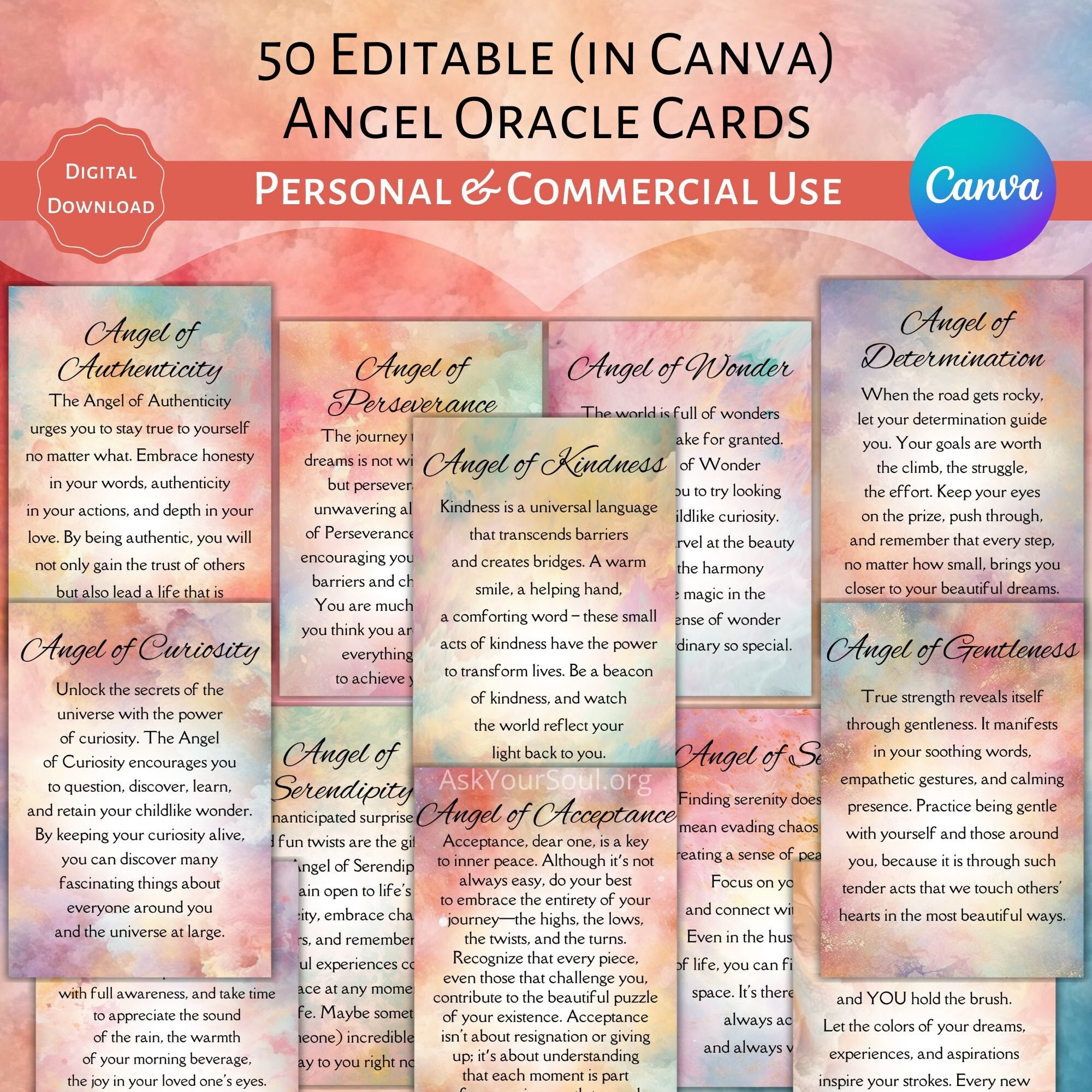 50 Editable Angel Oracle Cards Colorful Canva Template Commercial and ...