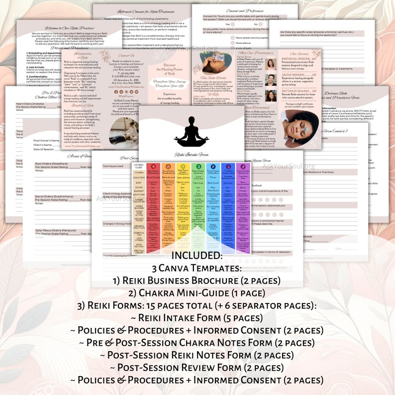 Editable Reiki Brochure, Forms, Chakra Guide Canva Template Commercial ...