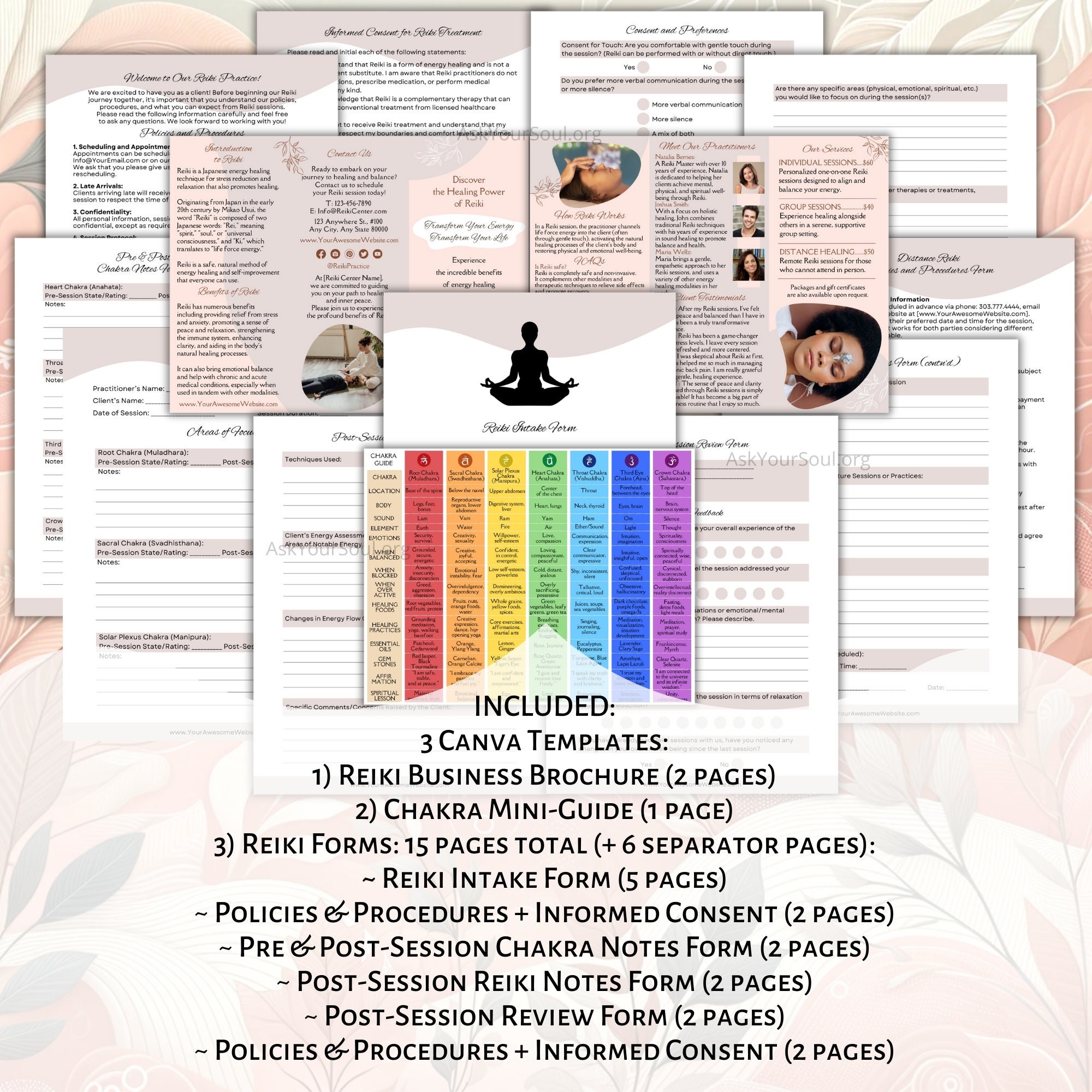 Editable Reiki Brochure, Forms, Chakra Guide Canva Template Commercial and Personal Use Done for ...