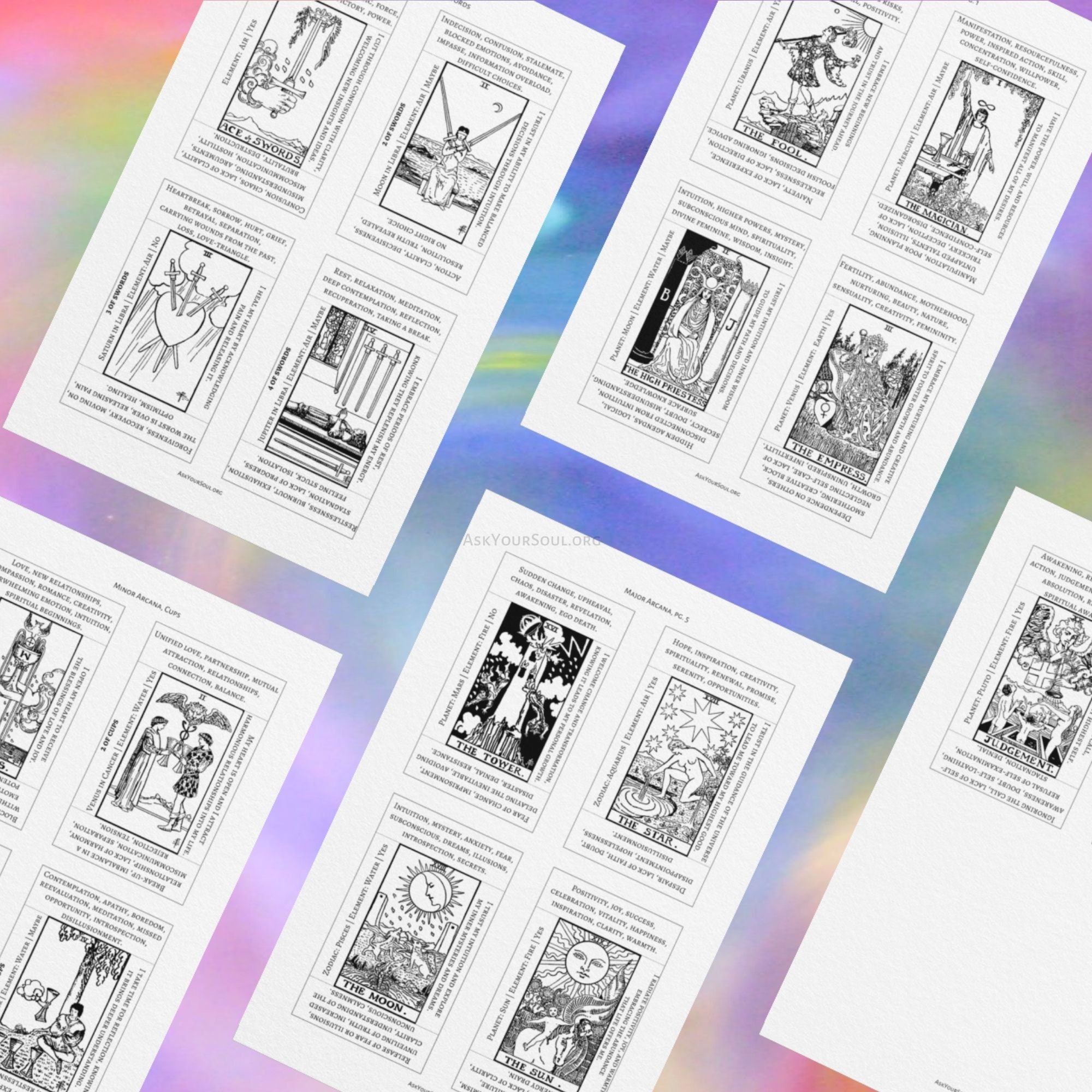 PRINTABLE Black & White Rider-waite Tarot Cards With Keywords PDF Upright and Reversed Meanings ...