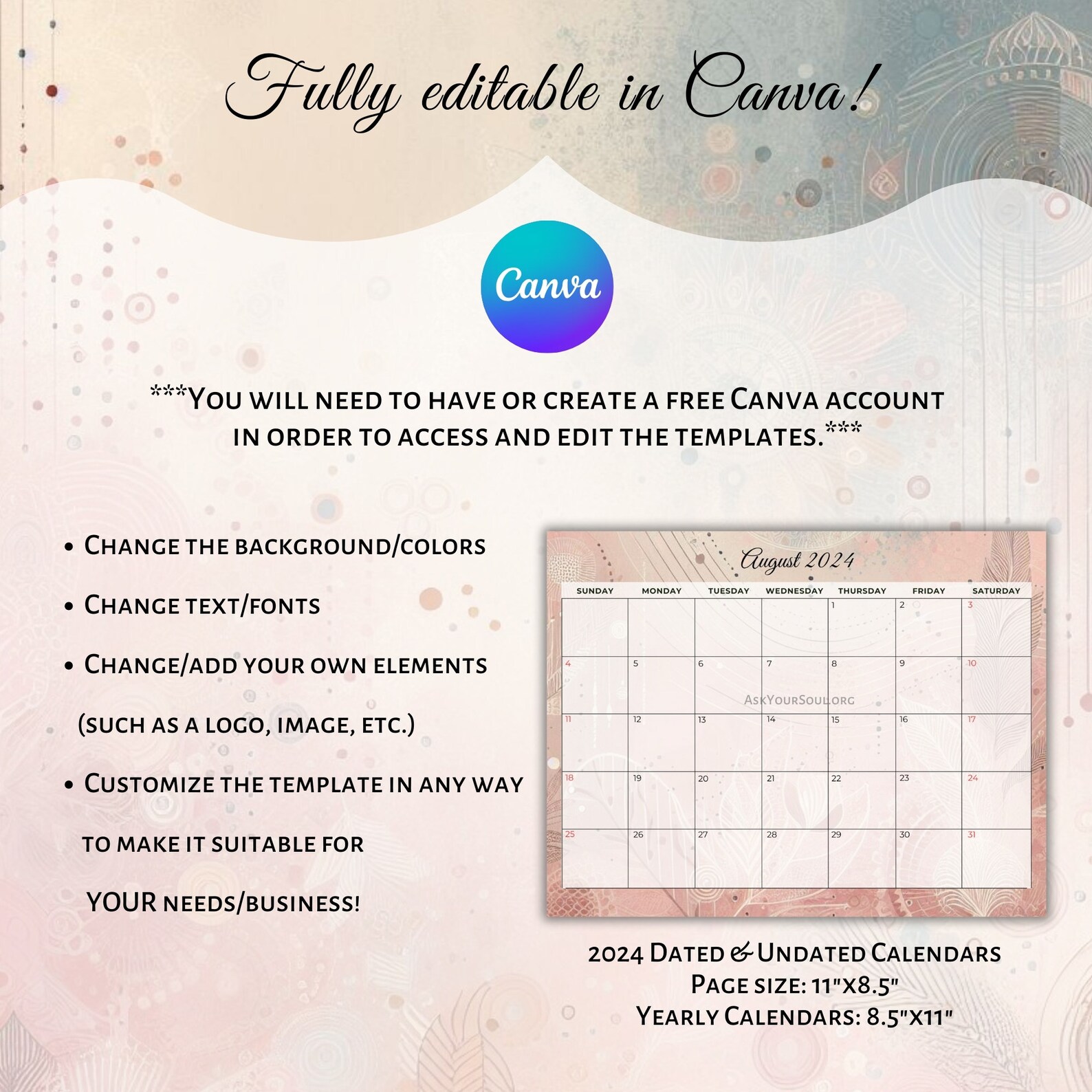 Editable 2024 Boho Calendar Abstract Canva Template Commercial ...