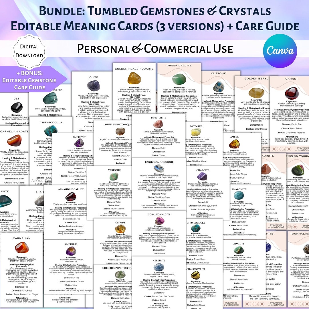Editable Tumbled Gemstone and Crystal Meaning Cards, 3 Versions ...