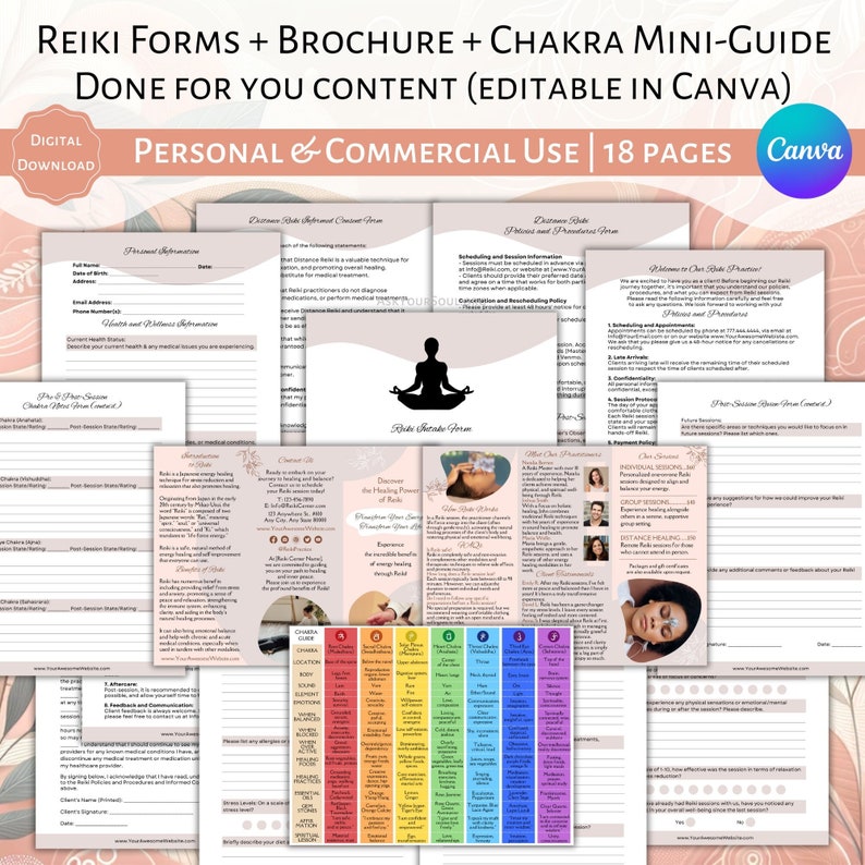 Editable Reiki Brochure, Forms, Chakra Guide Canva Template Commercial ...