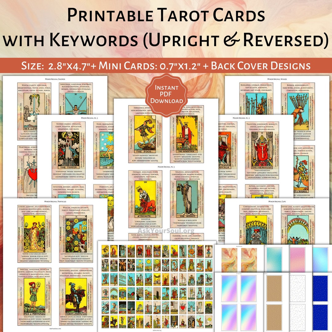 PRINTABLE Rider-waite Tarot Cards With Keywords PDF Upright and Reversed Meanings Tarot Beginner ...