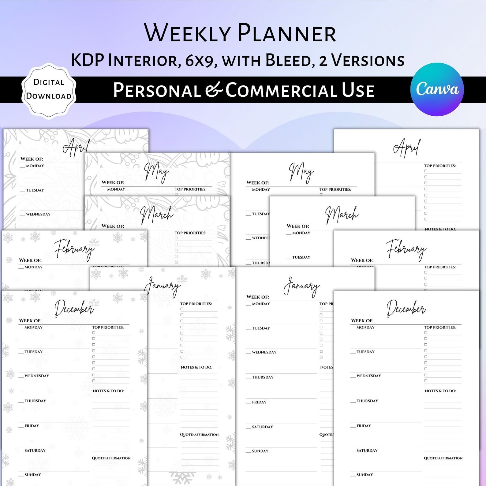 Editable & Printable Weekly Planner Template Kdp-ready Planner Canva ...