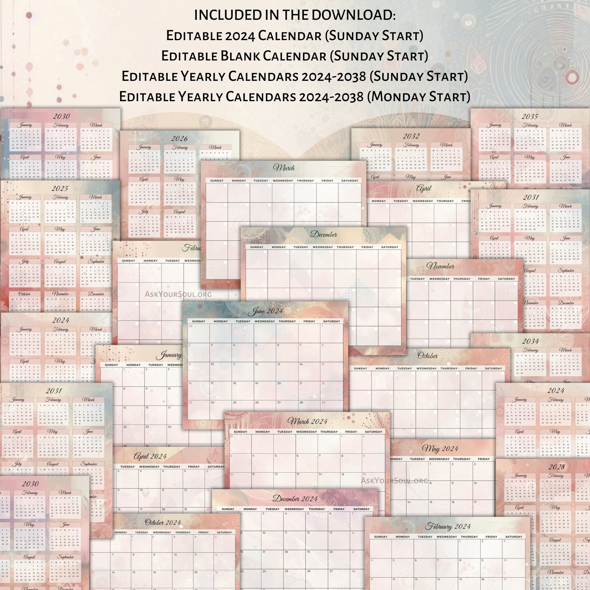 Editable 2024 Boho Calendar Abstract Canva Template Commercial ...