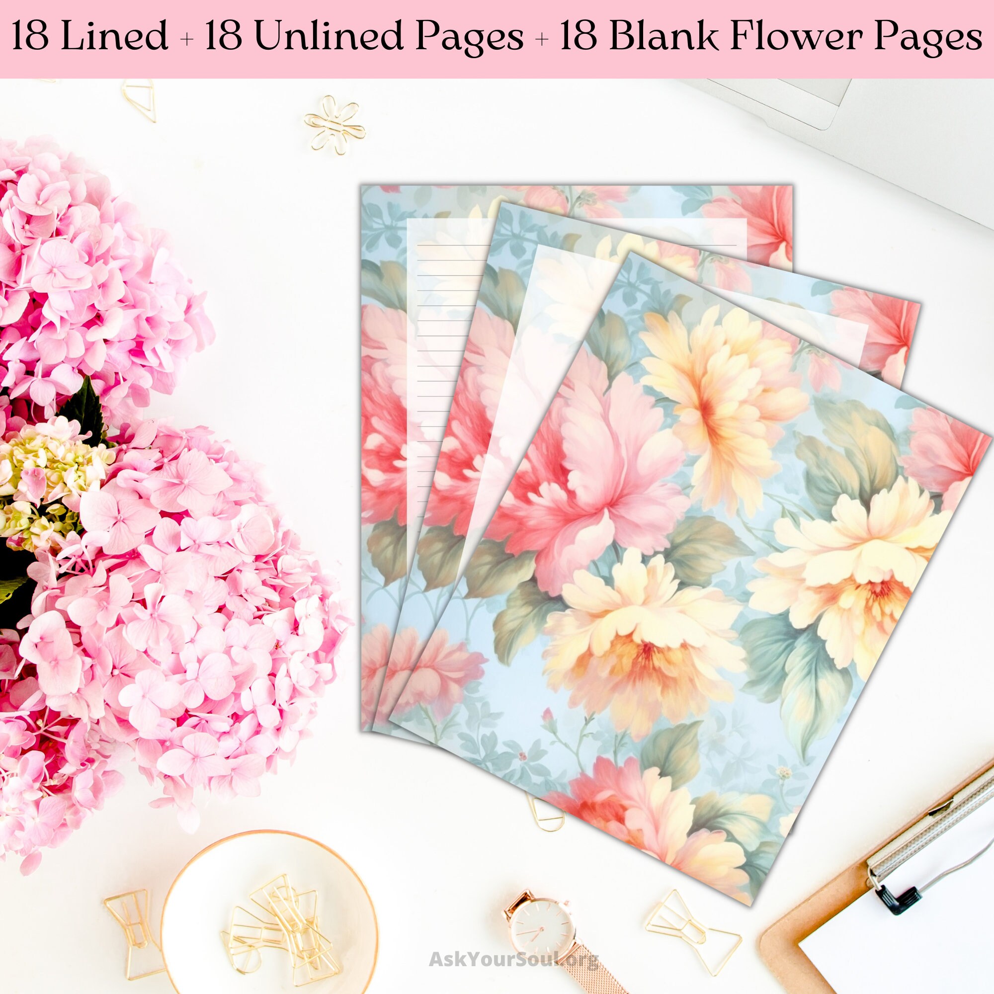 PRINTABLE Floral Journal Pages Lined Unlined, Shabby Roses, Letter, A5 ...