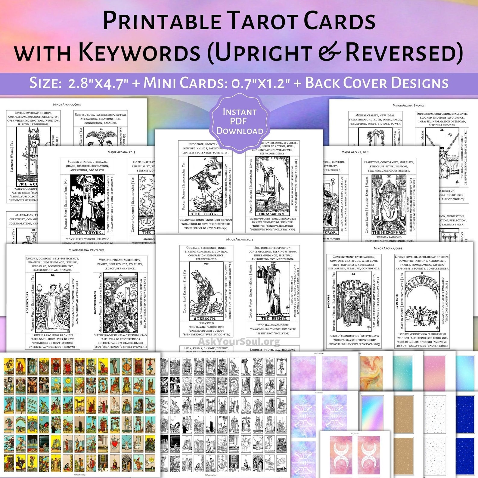 PRINTABLE Black & White Rider-waite Tarot Cards With Keywords PDF Upright and Reversed Meanings ...