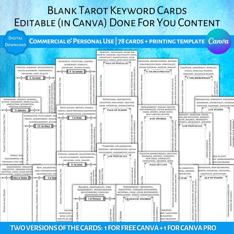 Editable Blank Tarot Cards Upright Reverse Keywords Canva Template ...