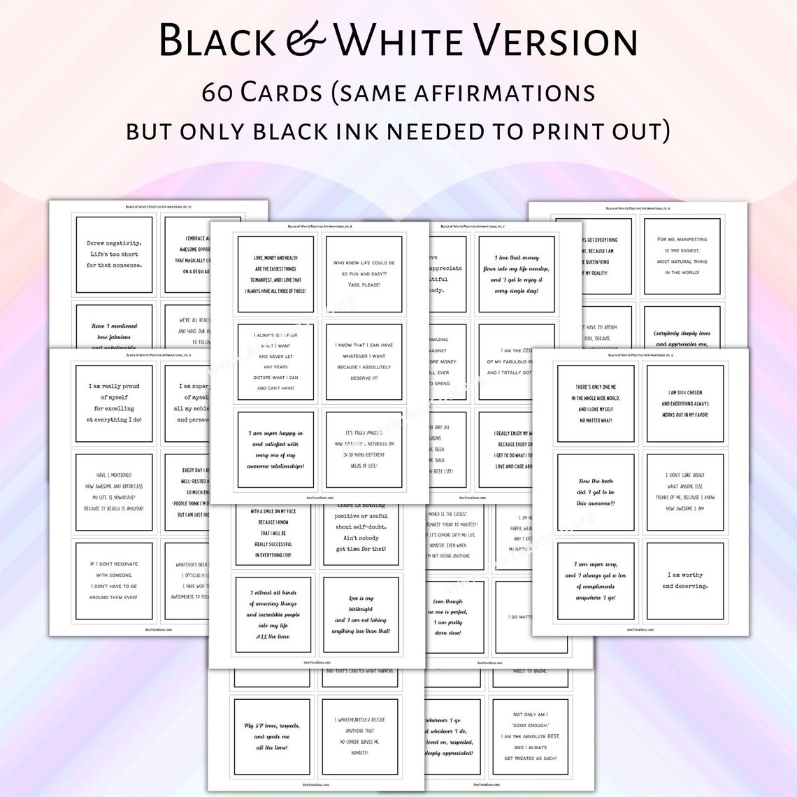 PRINTABLE Pastel Non-sweary Affirmation Cards 3.3x3.3 Black & White ...