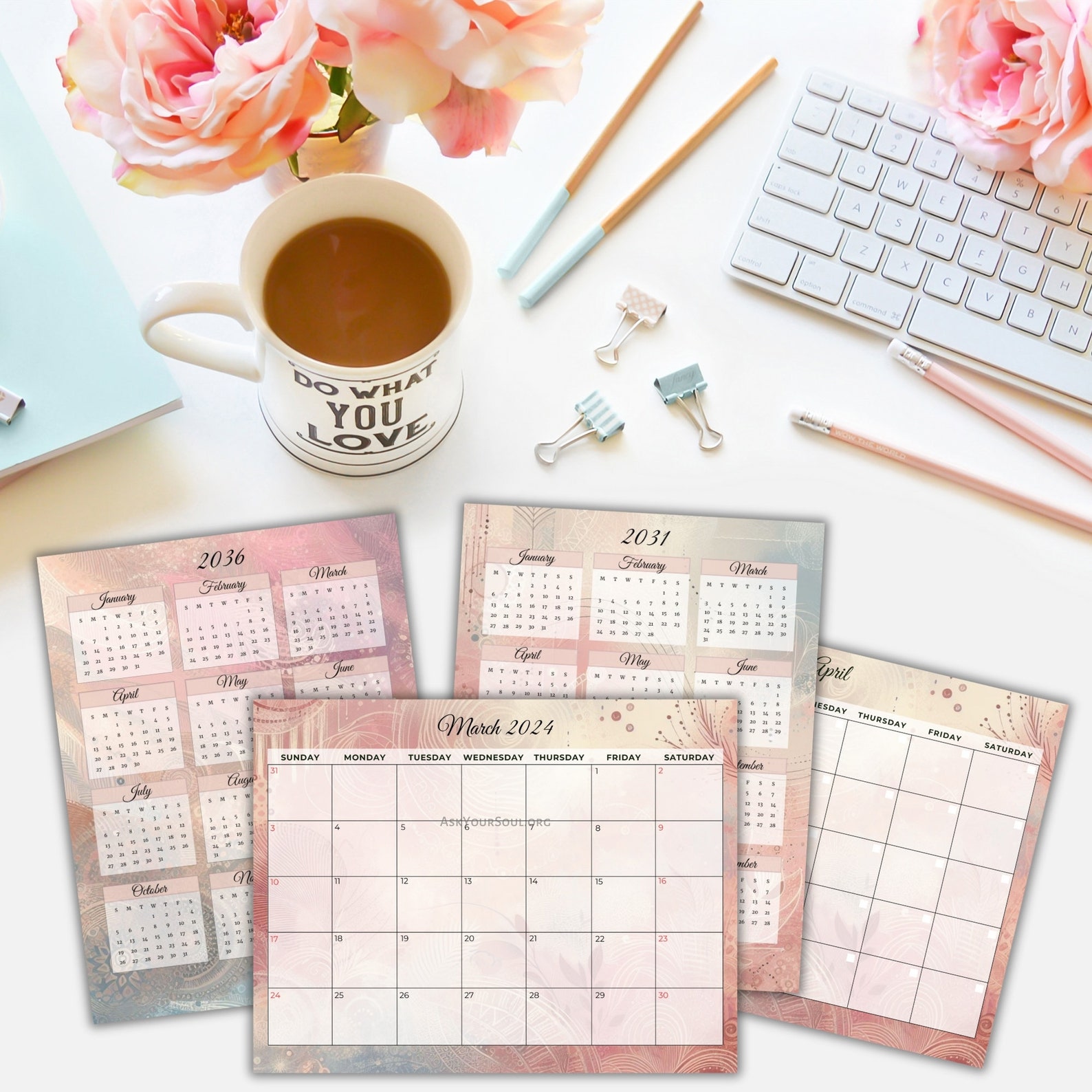 Editable 2024 Boho Calendar Abstract Canva Template Commercial ...