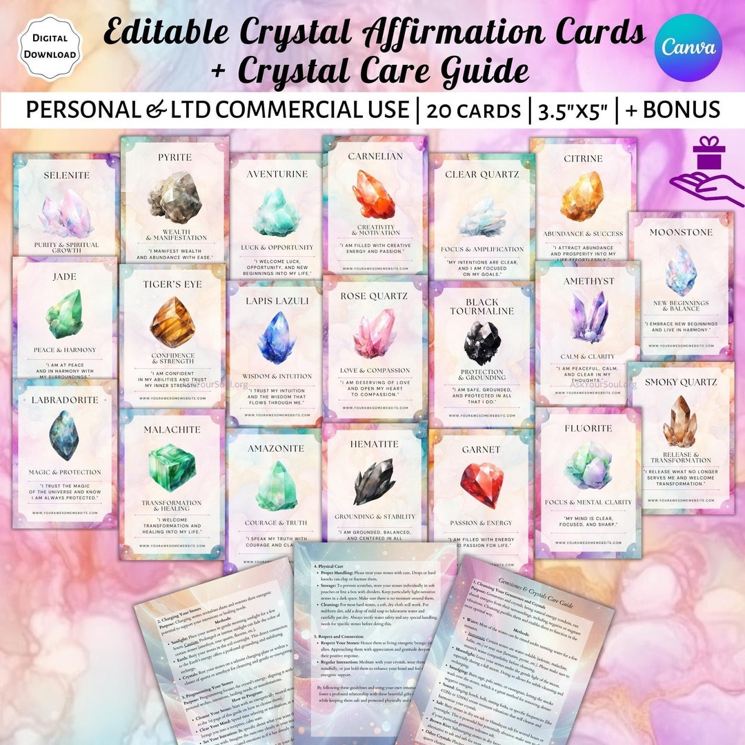 20 Editable Crystal Affirmation Cards and Care Guide Limited Commercial ...