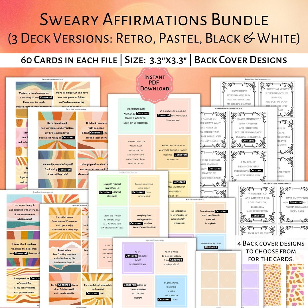 PRINTABLE Sweary Affirmation Cards Bundle Pastel, Retro, Black & White ...