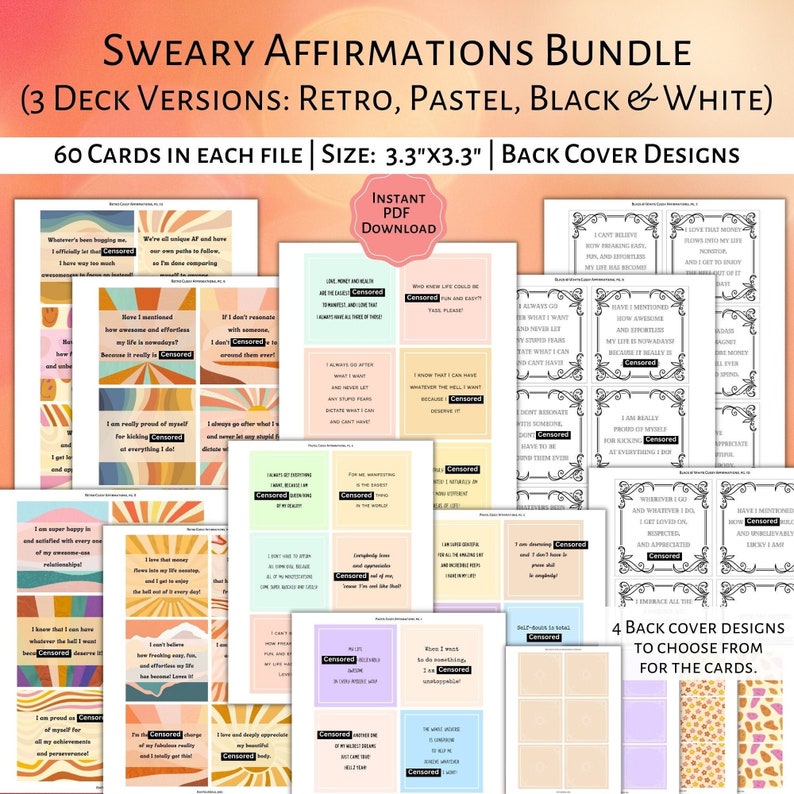 PRINTABLE Sweary Affirmation Cards Bundle Pastel, Retro, Black & White ...