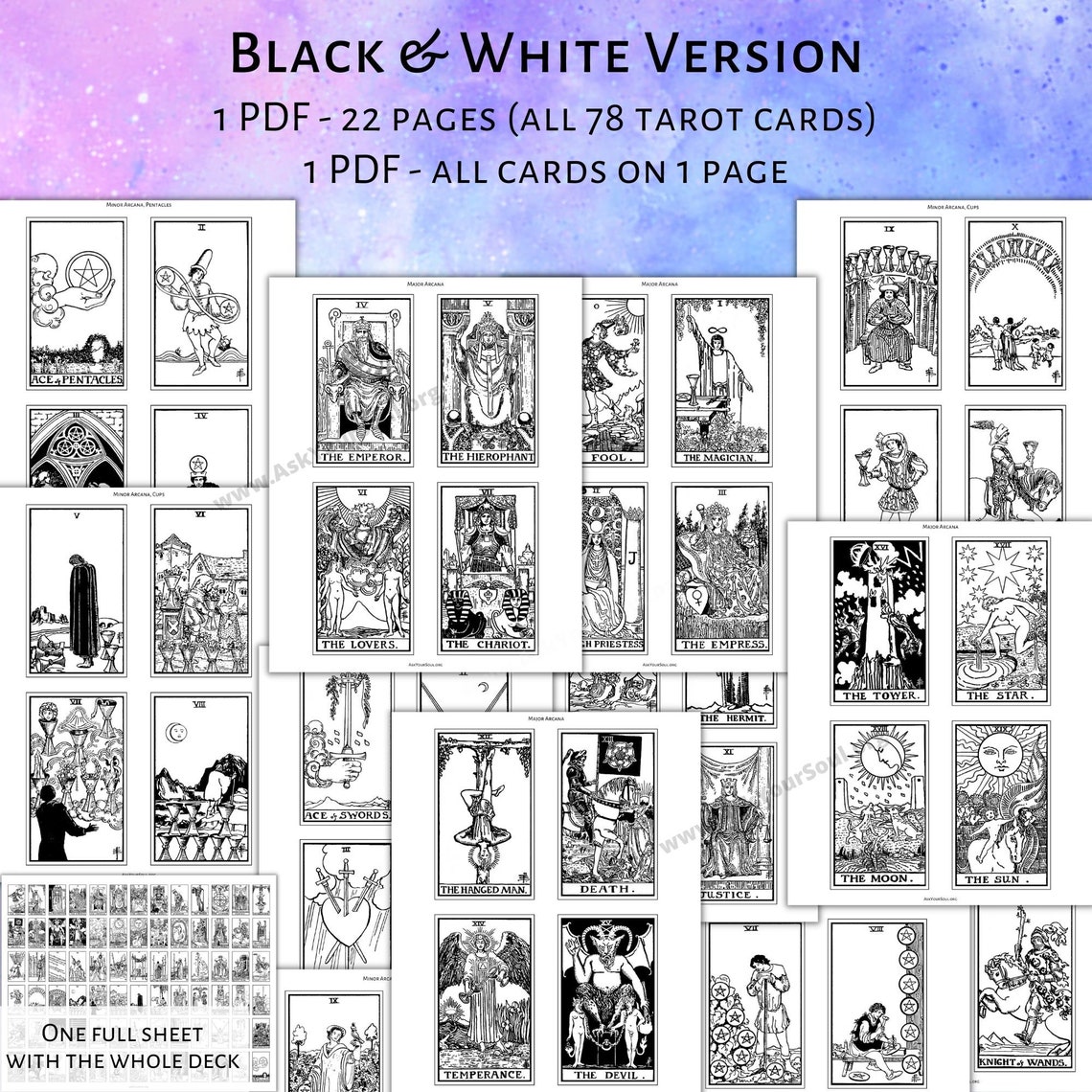 PRINTABLE Rider-waite Tarot Cards color and Black & White Printable ...
