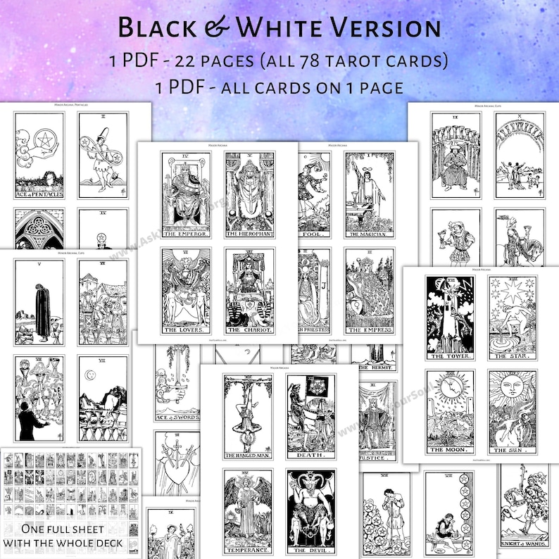 PRINTABLE Rider-waite Tarot Cards color and Black & White Printable ...