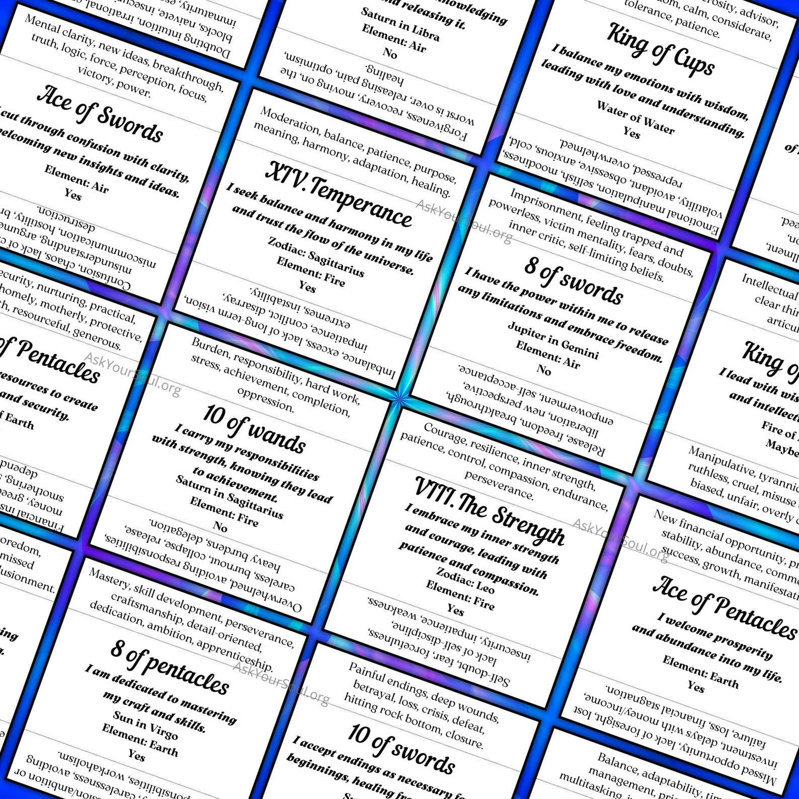 PRINTABLE Blank Tarot Cards With Keywords Black & White Rider-waite Upright Reversed Meanings ...