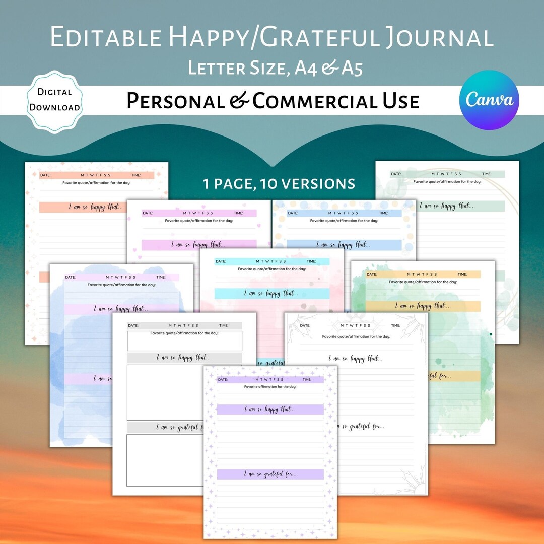 Editable & Printable Happy Grateful Journal Template Canva - Etsy