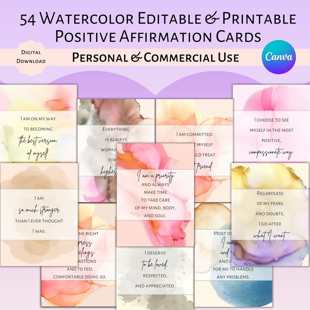 54 Editable & Printable Watercolor Self-concept Custom Affirmation ...
