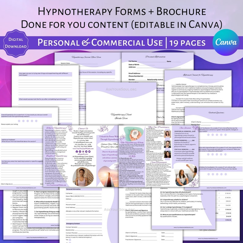 Editable Hypnotherapy Brochure and Forms Canva Template Commercial and ...