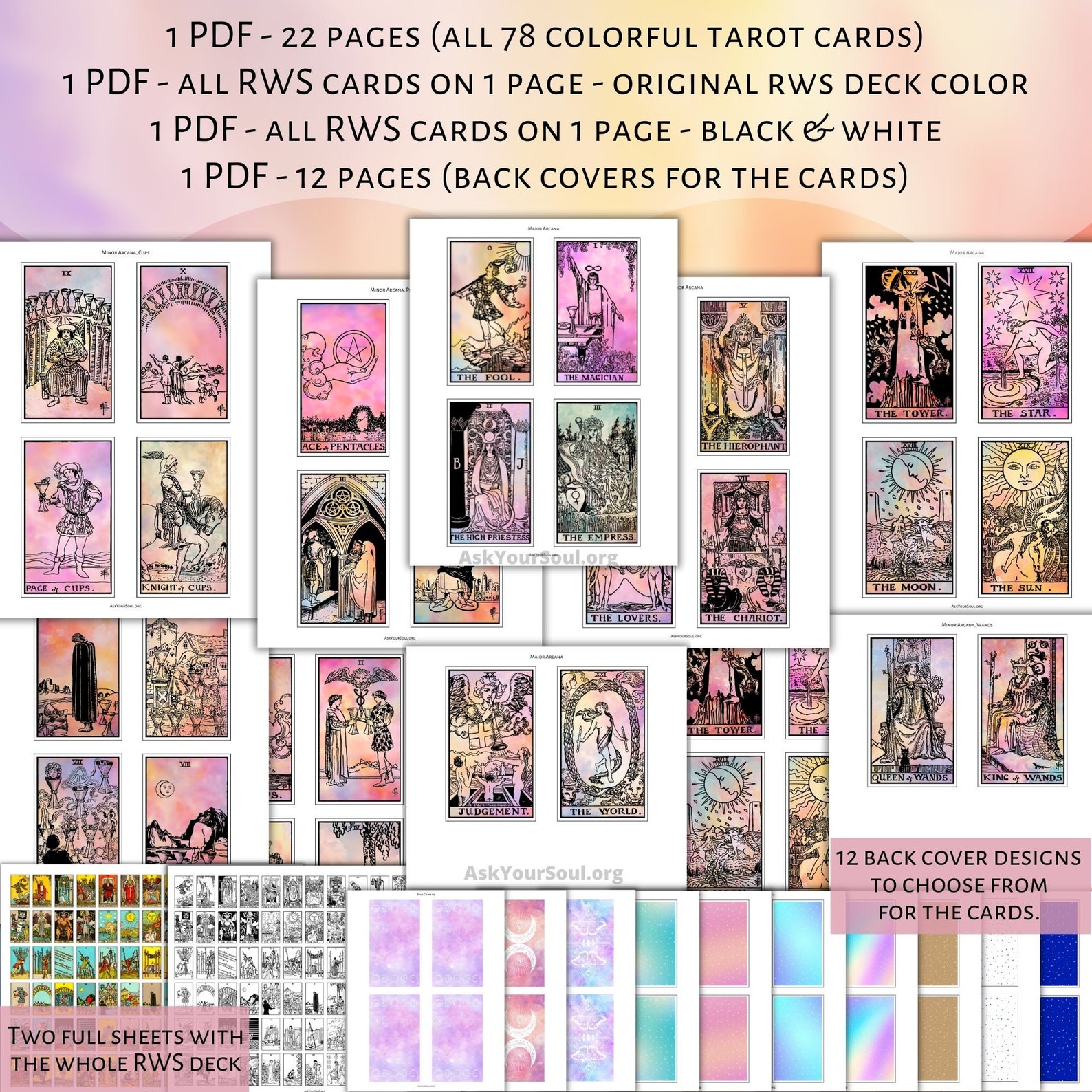 PRINTABLE Colorful Rider-waite Tarot Cards PDF Unique RWS Tarot Deck ...