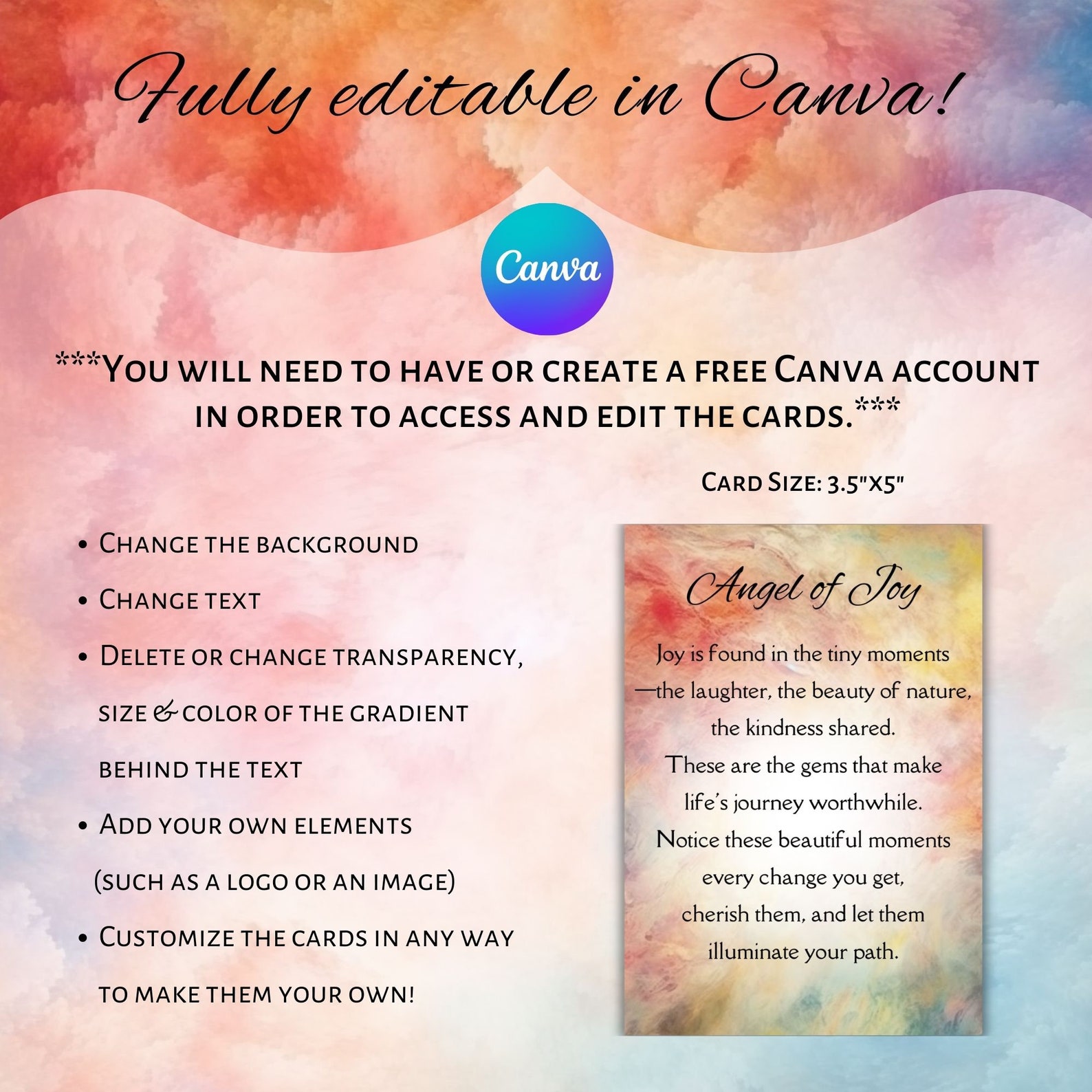 50 Editable Angel Oracle Cards Colorful Canva Template Commercial and ...