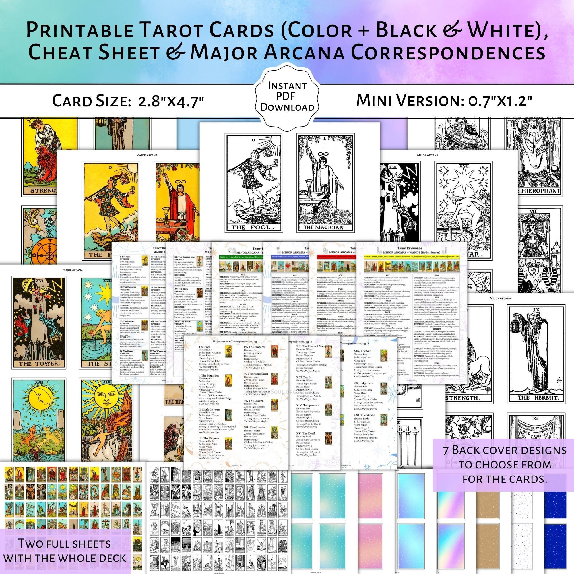 PRINTABLE Tarot Cheat Sheet Keywords Rider Waite Smith Tarot Cards Color Black & White ...