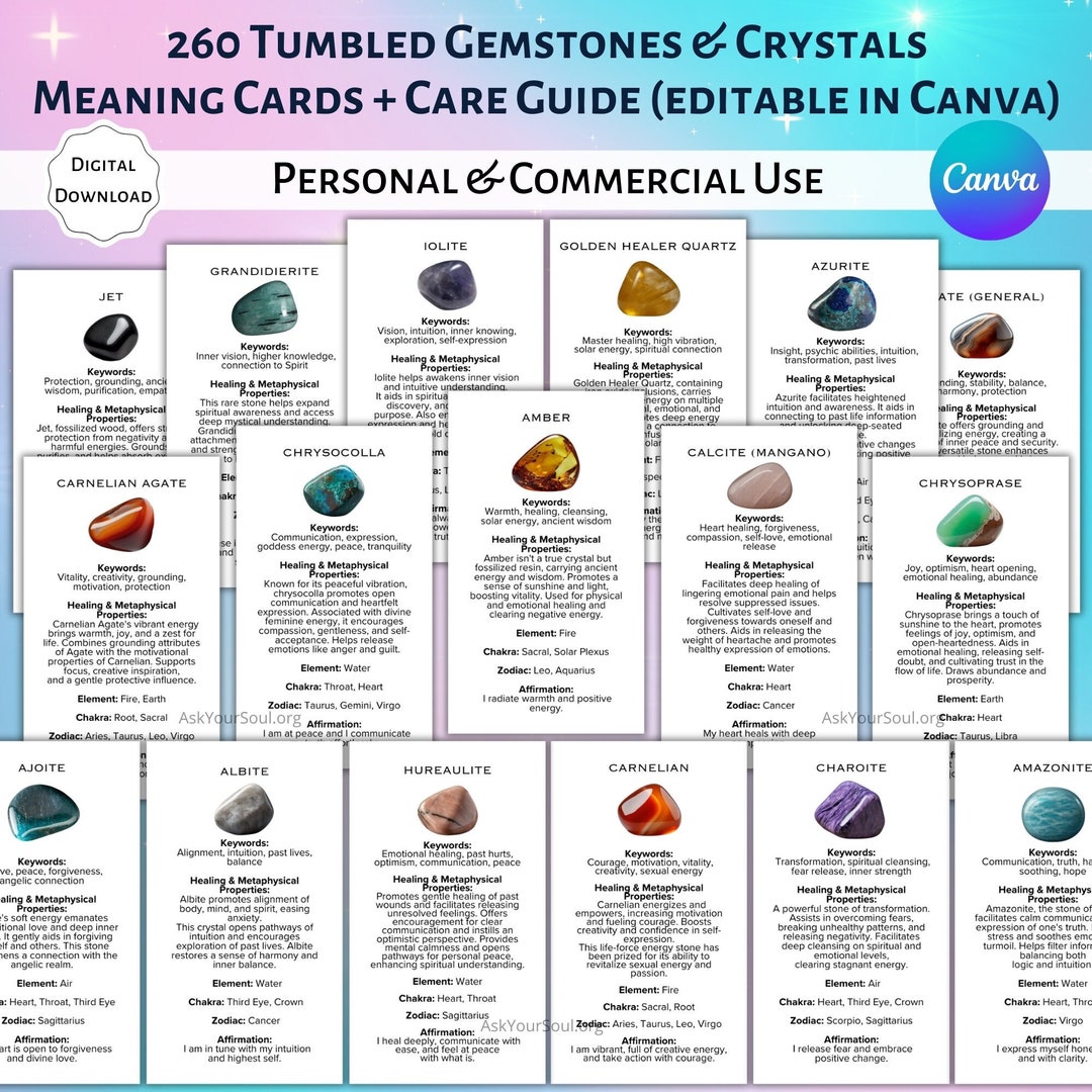 260 Editable Tumbled Gemstone and Crystal Meaning Cards Commercial Use ...