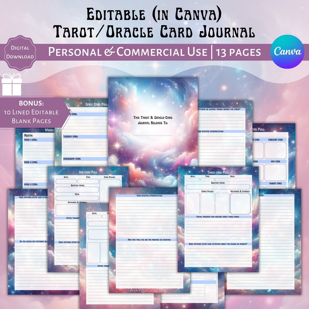 Editable Tarot & Oracle Card Journal Canva Template Commercial and ...