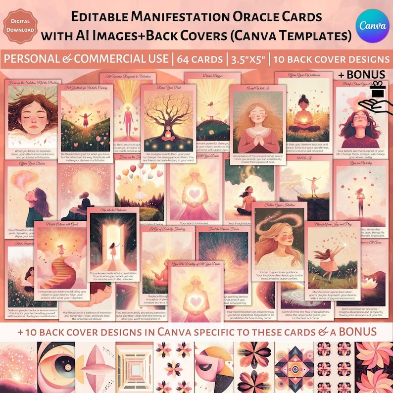 64 Editable Manifesting Oracle Cards With AI Images Canva Template ...