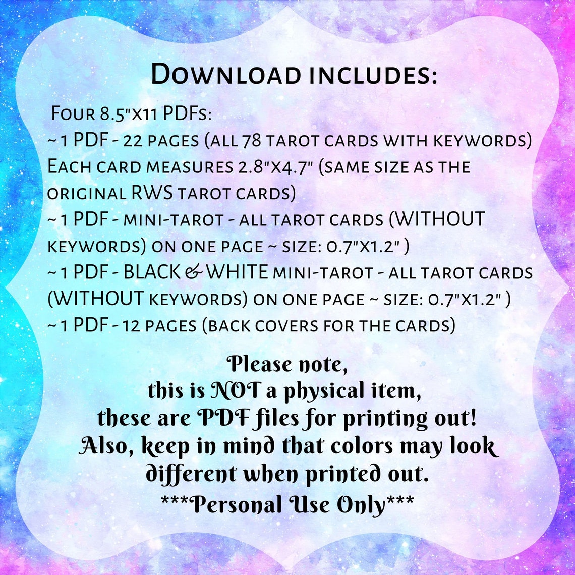 PRINTABLE Rider-waite Tarot Cards With Keywords PDF Galaxy Background ...