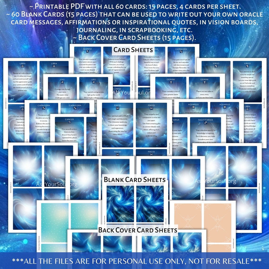 60 PRINTABLE Zodiac Oracle Cards Personal Use Spiritual Guidance ...