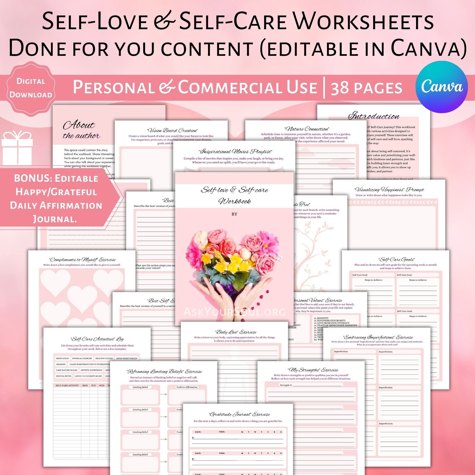 Editable Self-love Self-care Worksheets Canva Template Commercial and ...