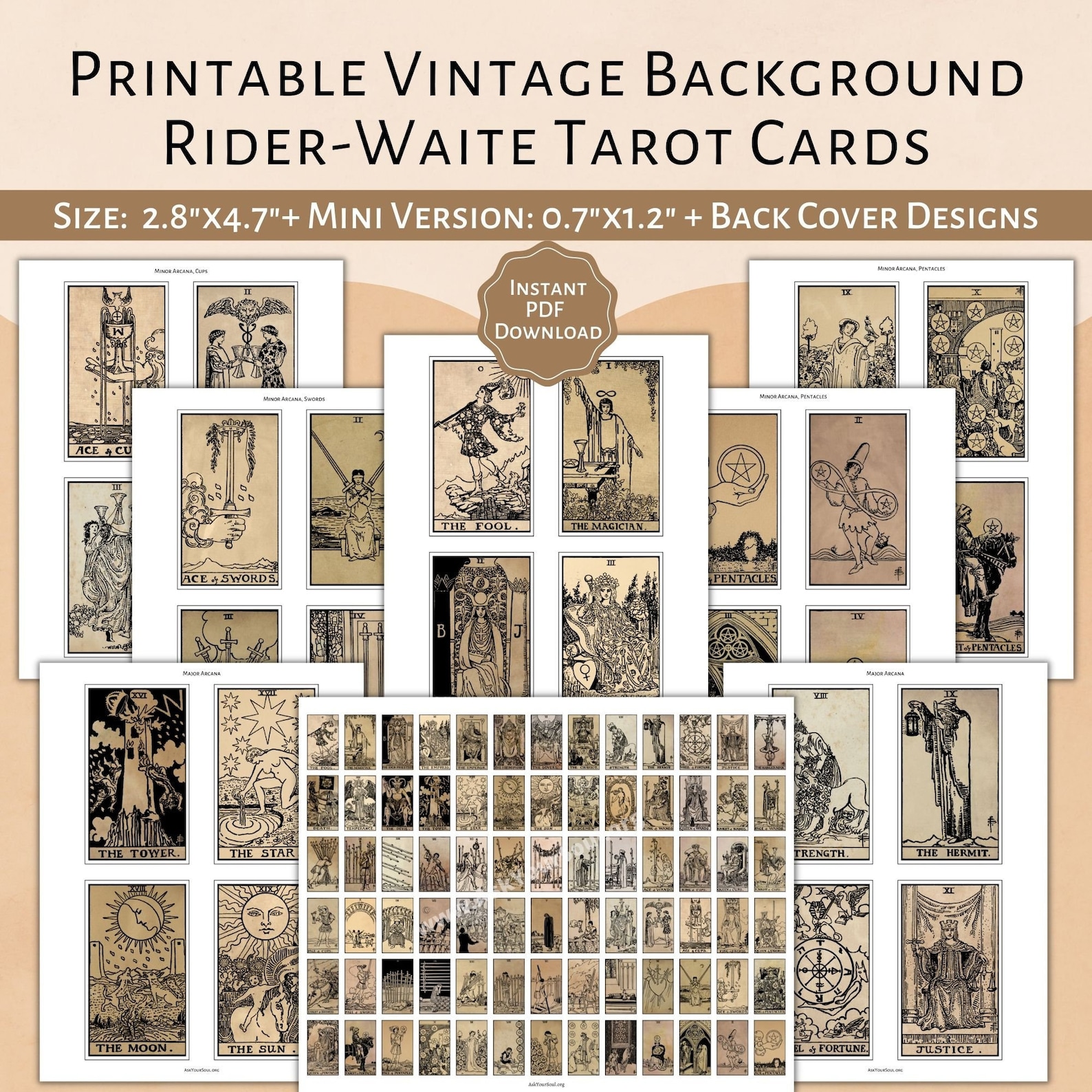 PRINTABLE Rider-waite Tarot Cards (vintage Background)| Printable Card ...