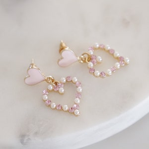 Double Heart Dangle Earring Pink Heart Drop Earring Sparkle - Etsy