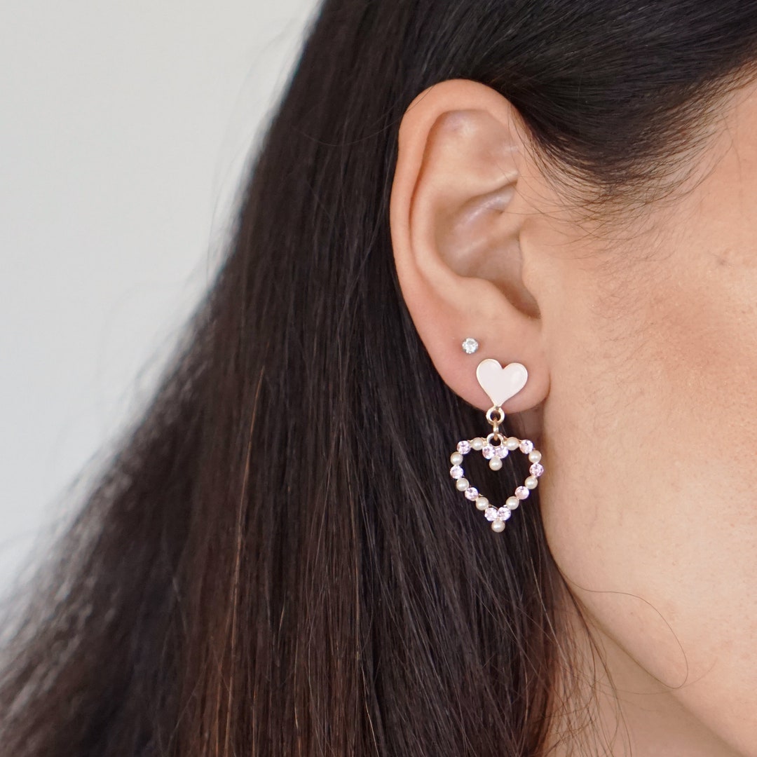 Double Heart Dangle Earring Pink Heart Drop Earring Sparkle - Etsy