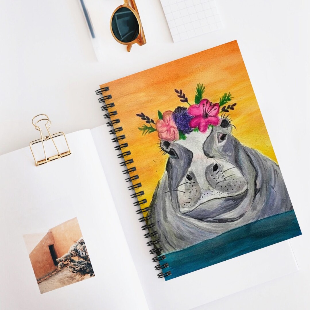 Custom Hippo Watercolor Print Spiral Notebook Ruled Line | Cute Floral ...