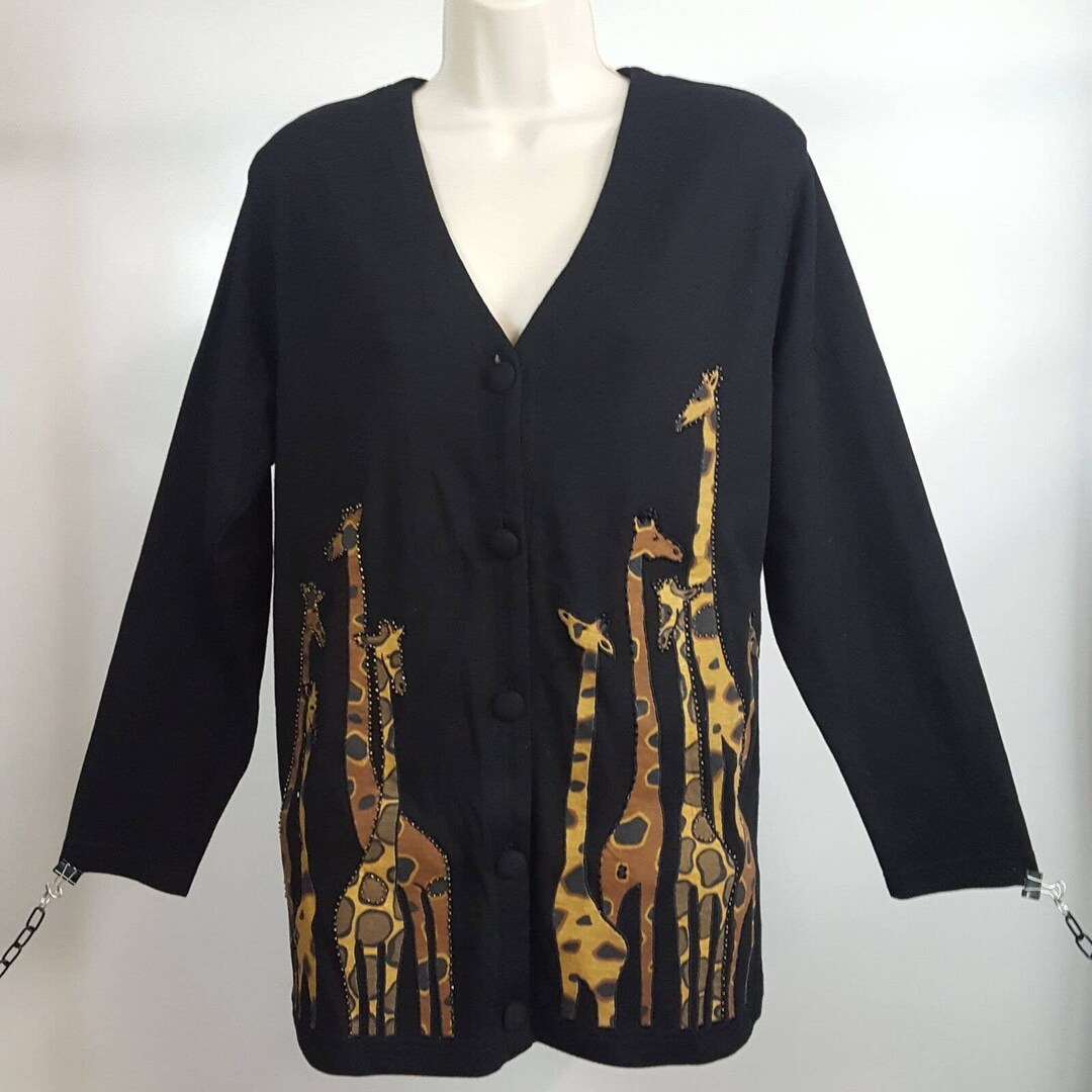 Vintage Womens S Giraffe Jacket Lisa International Black Knit Applique ...
