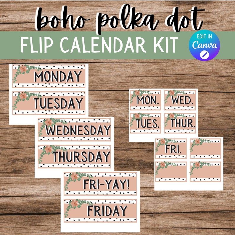Classroom Flip Calendar Kit, Classroom Decor, Boho Polka Dot | INSTANT ...