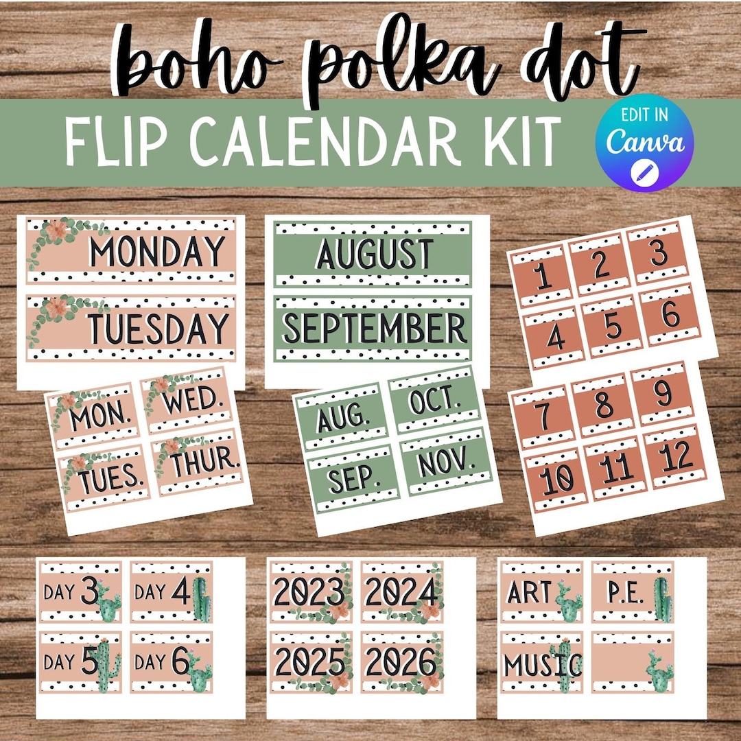 Classroom Flip Calendar Kit, Classroom Decor, Boho Polka Dot | INSTANT ...