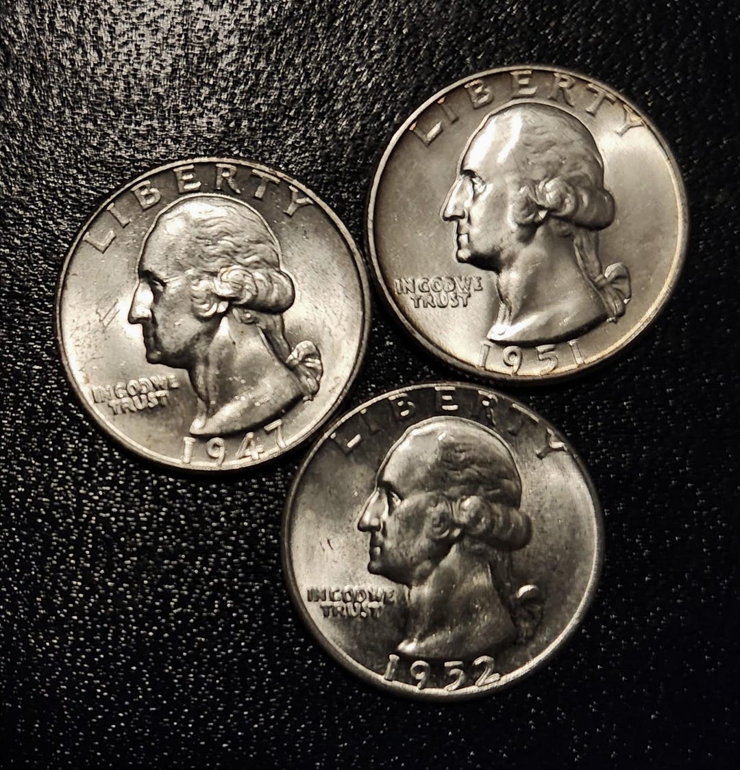 3 GEM BU 90% Silver Quarters, Dates Are 1947, 1951 and 1952. Nice Mint ...