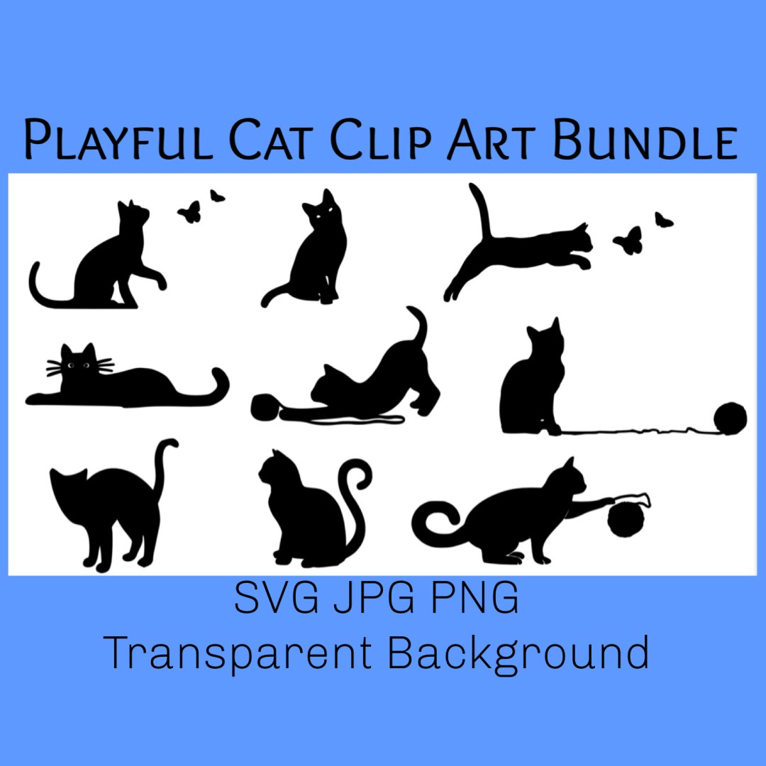 Cat With Yarn Svg, Cat Silhouette Clip Art, Cat Bundle Png, Playful Cat ...