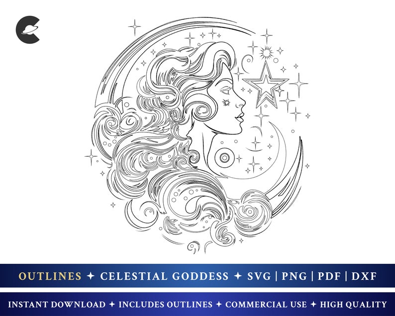 Moon Goddess SVG, Celestial Woman Silhouette Design, Digital Download ...