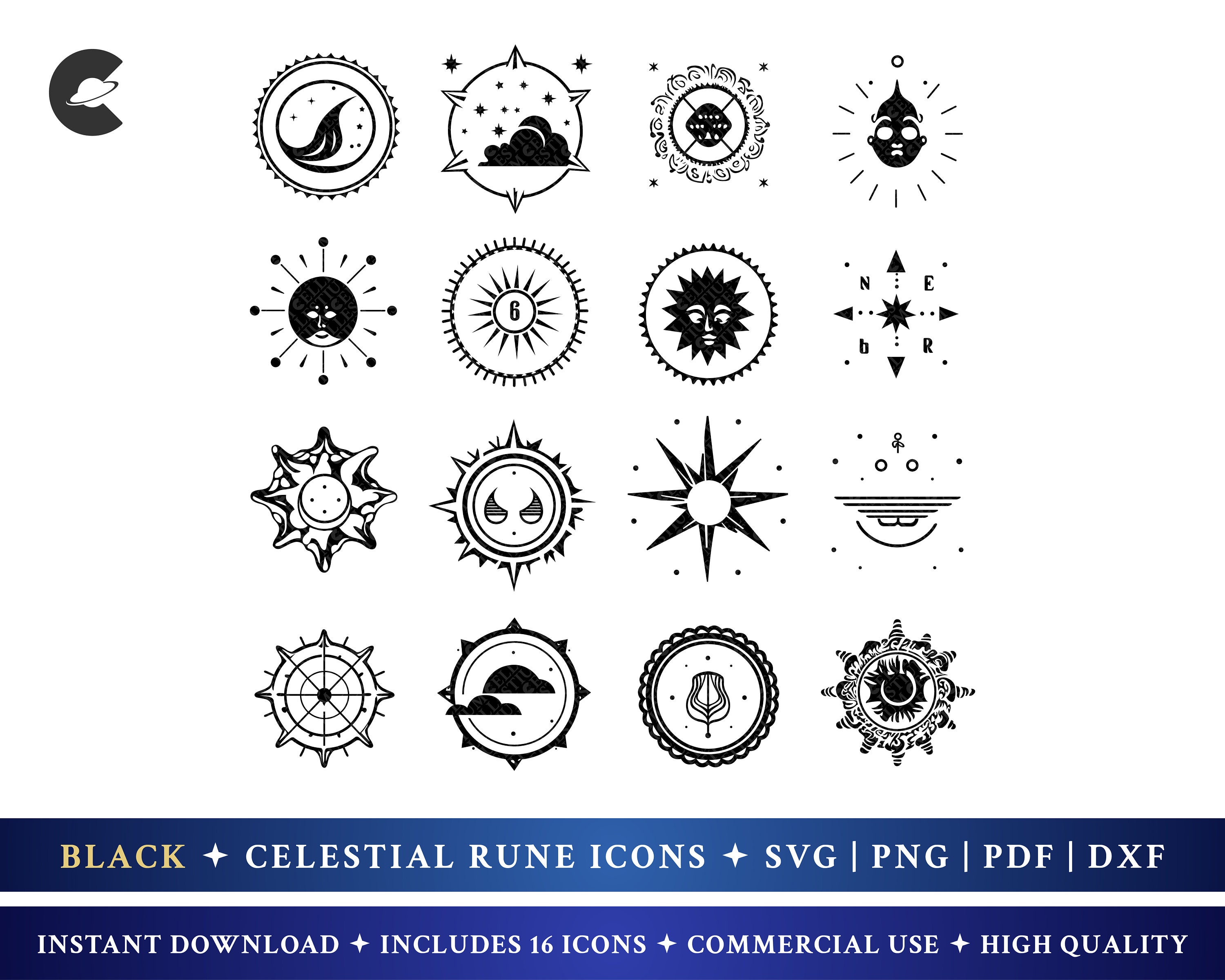 16 Celestial Rune Icons Bundle, Digital Download, FREE Black and White ...