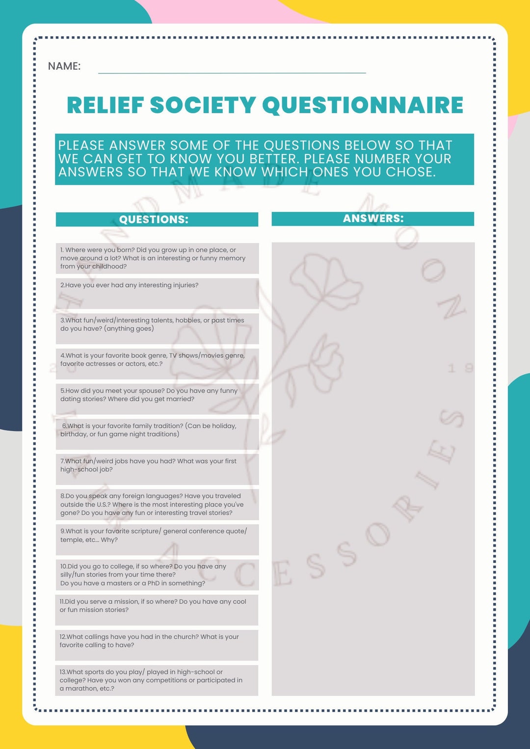 Relief Society Questionnaire PDF/PNG Relief Society Activity - Etsy