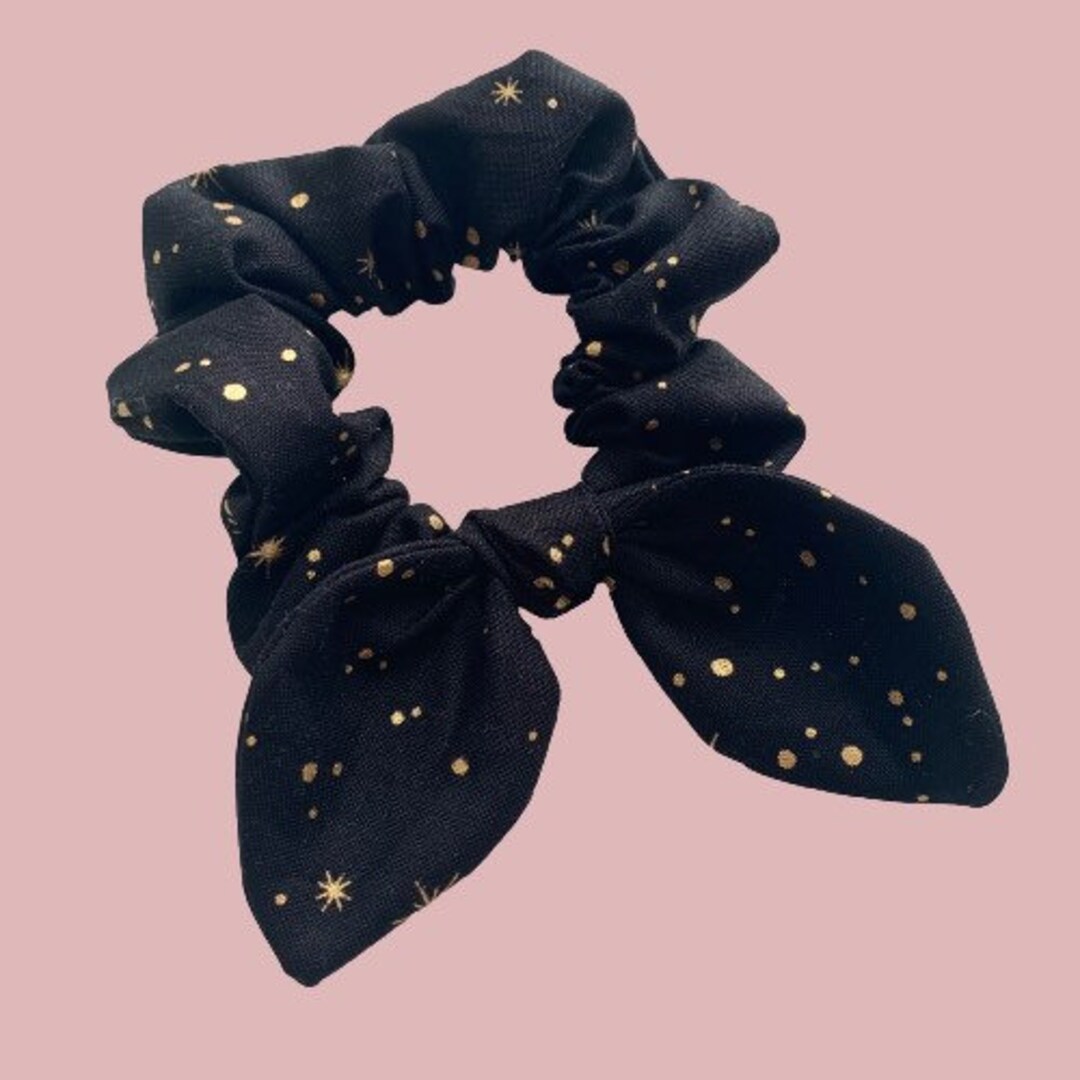 Black and Gold Star Bow Scrunchie-Messy Bun-Black Hair Tie-Ponytail ...