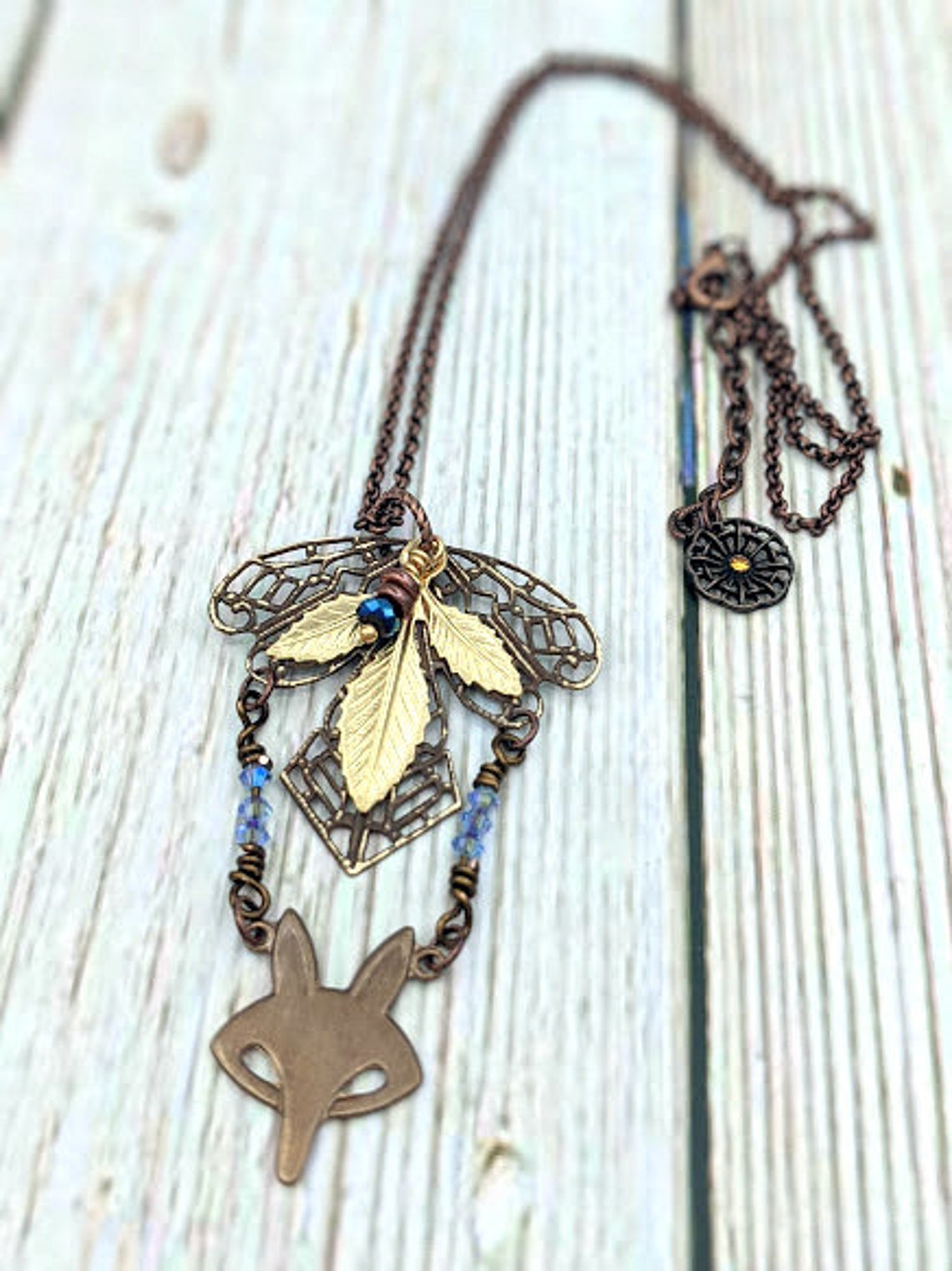 Frisky Fox Filigree Necklace, Mixed Metal, Swarovski Crystal, Hand-made ...