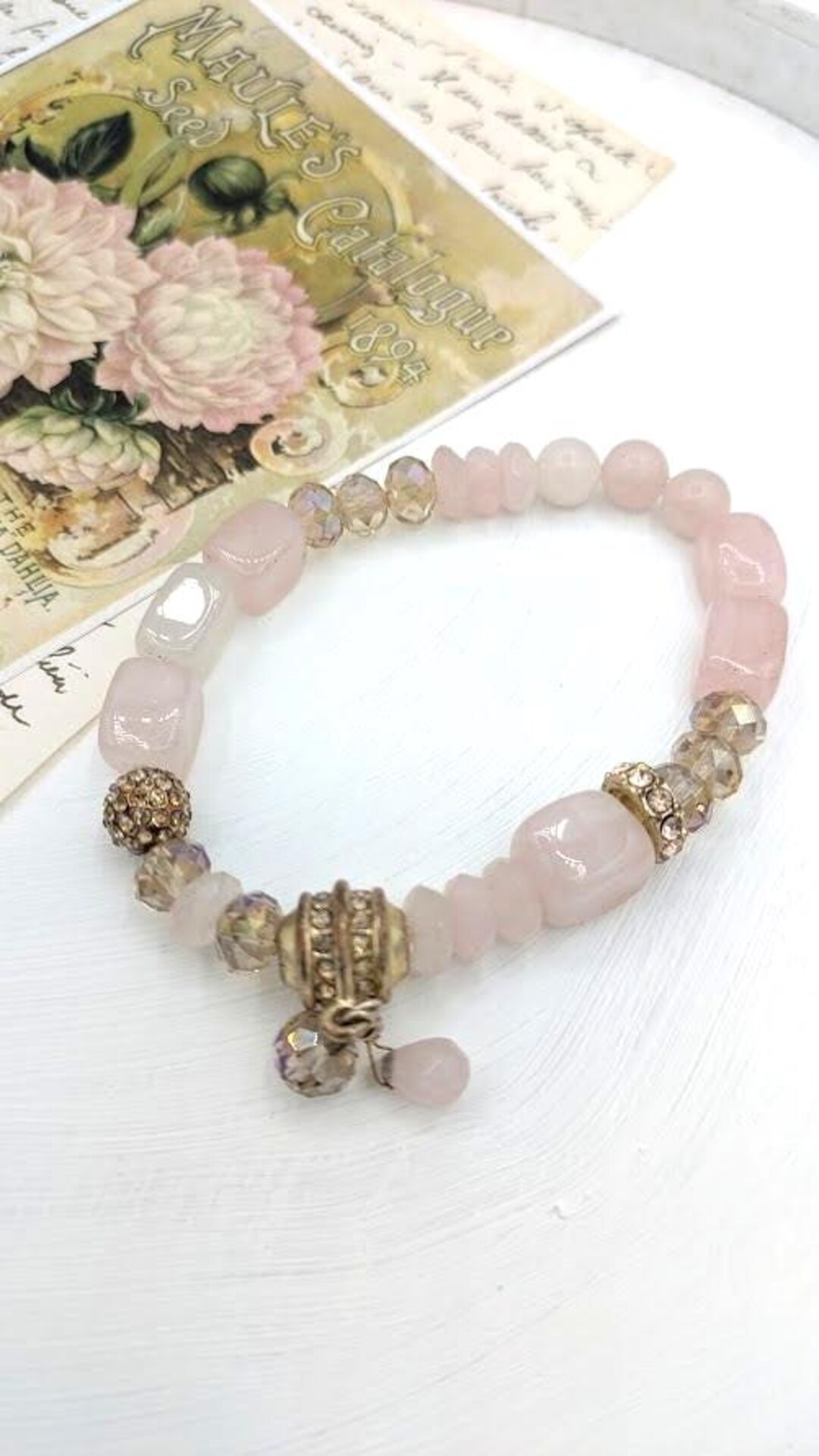 Pink Jadeite Gemstone Stretch Bracelet: Vintage Gold Bead, Crystal ...