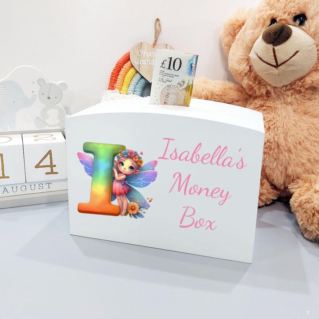 Personalised Fairy Solid Wood Money Box New Born Baby Christening Gift ...